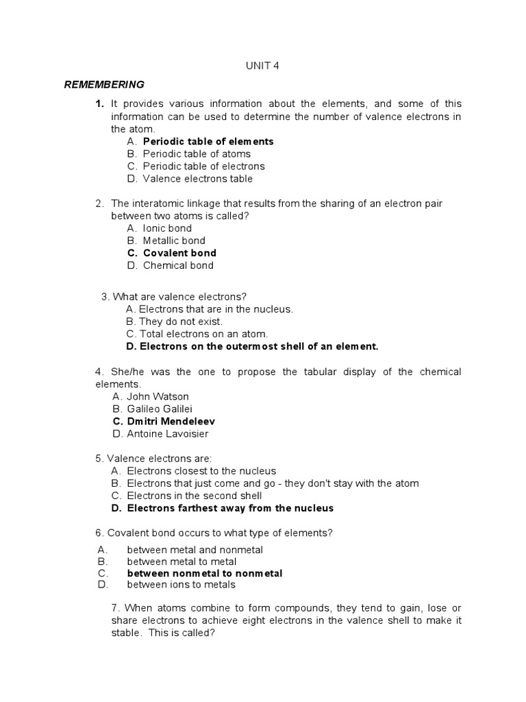 Unit 4 Questions | PDF | Chemical Bond | Periodic Table