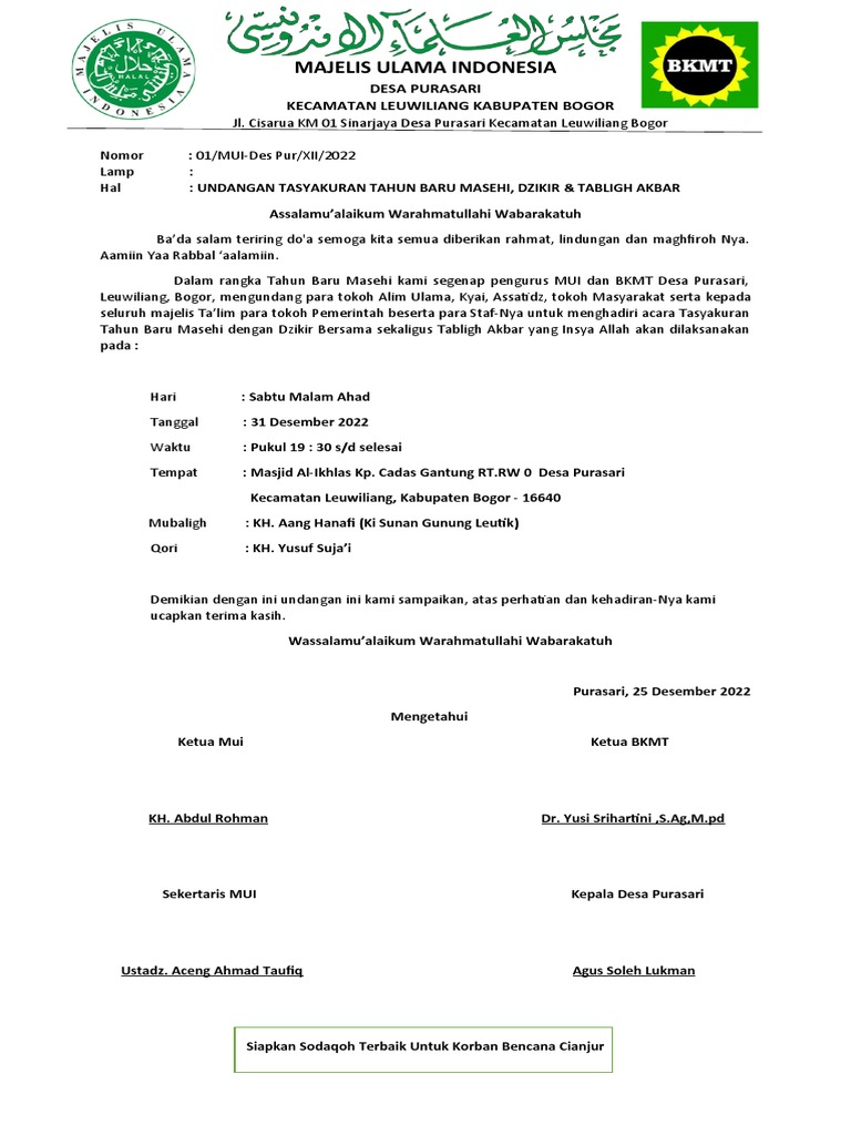 Undangan MUI DN BKMT Acara THN Baru | PDF