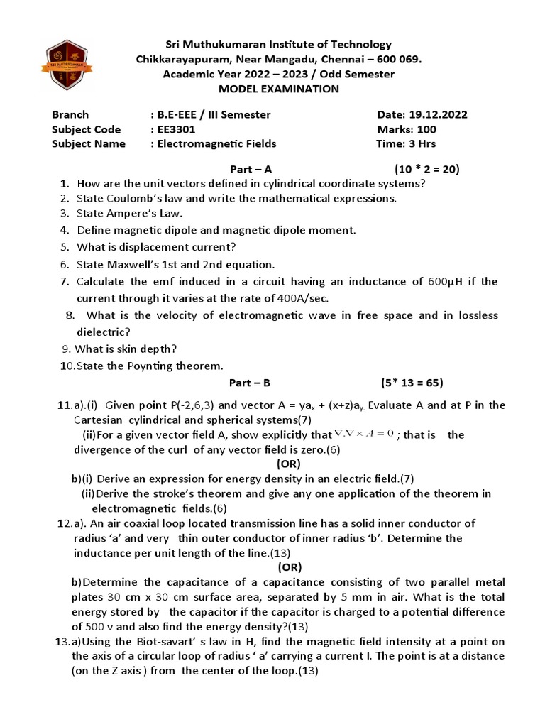 Ee3301 Emf QP | PDF | Magnetic Field | Electromagnetic Field