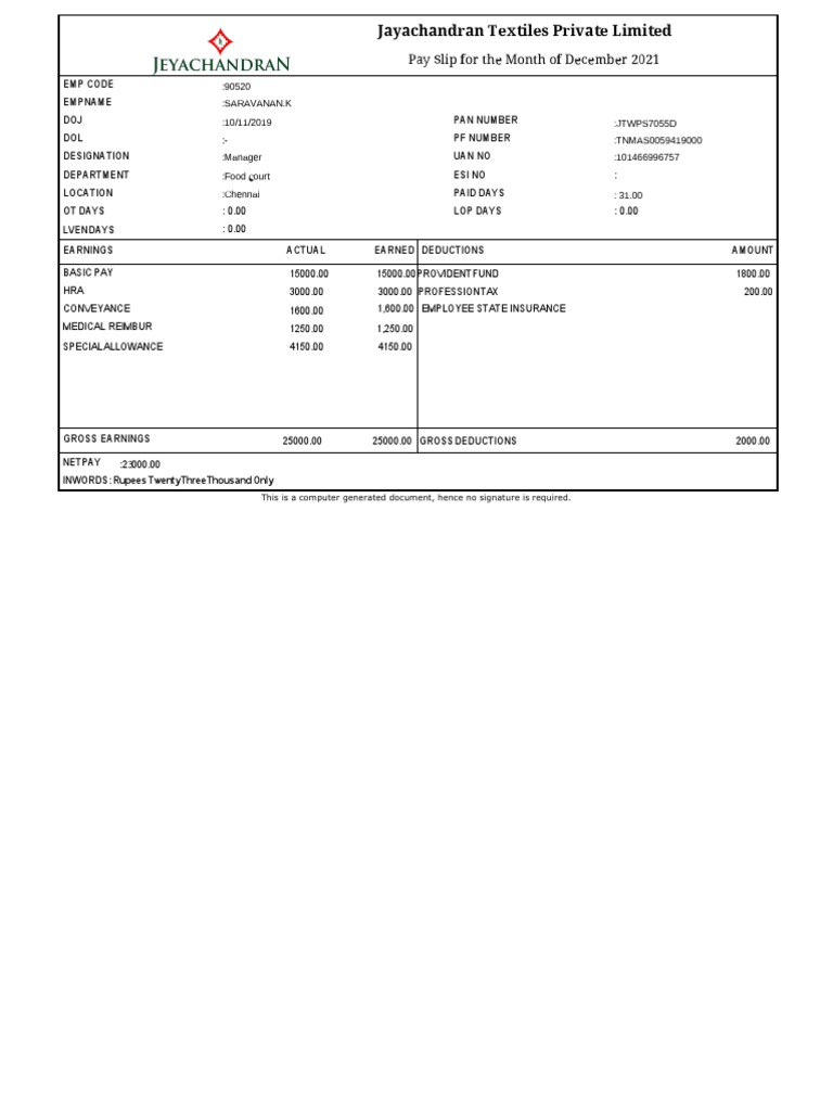 Saravanan December Pay Slip | PDF