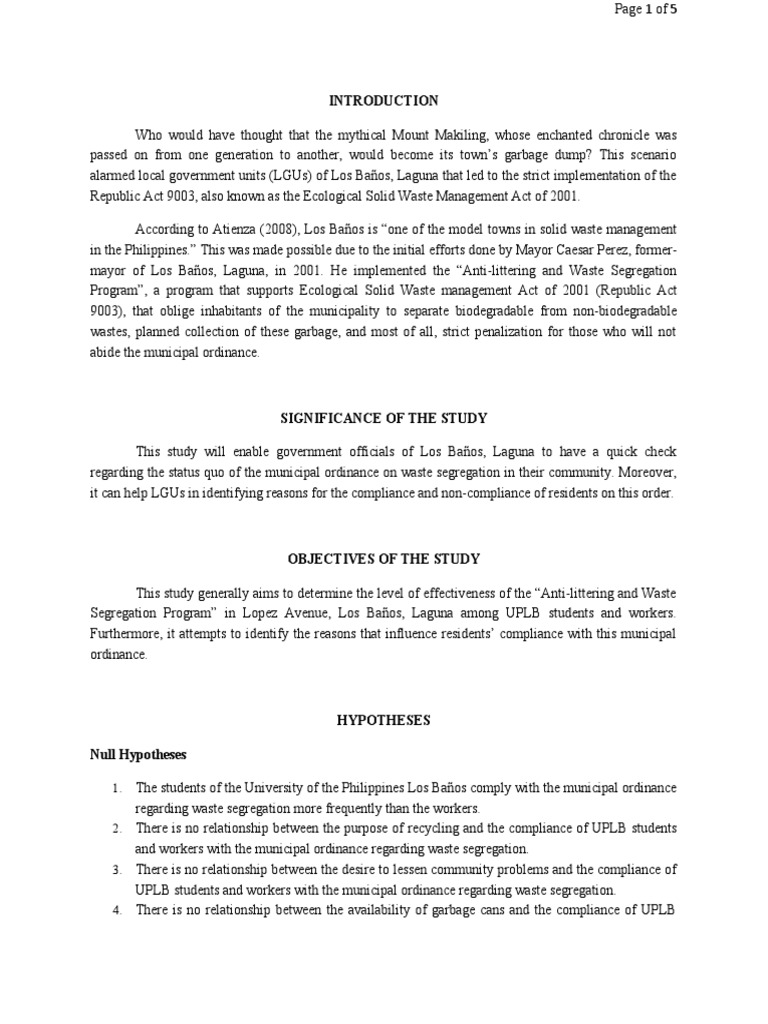 Effectiveness of The Municipal Order Regarding Waste Segregation in Los ...