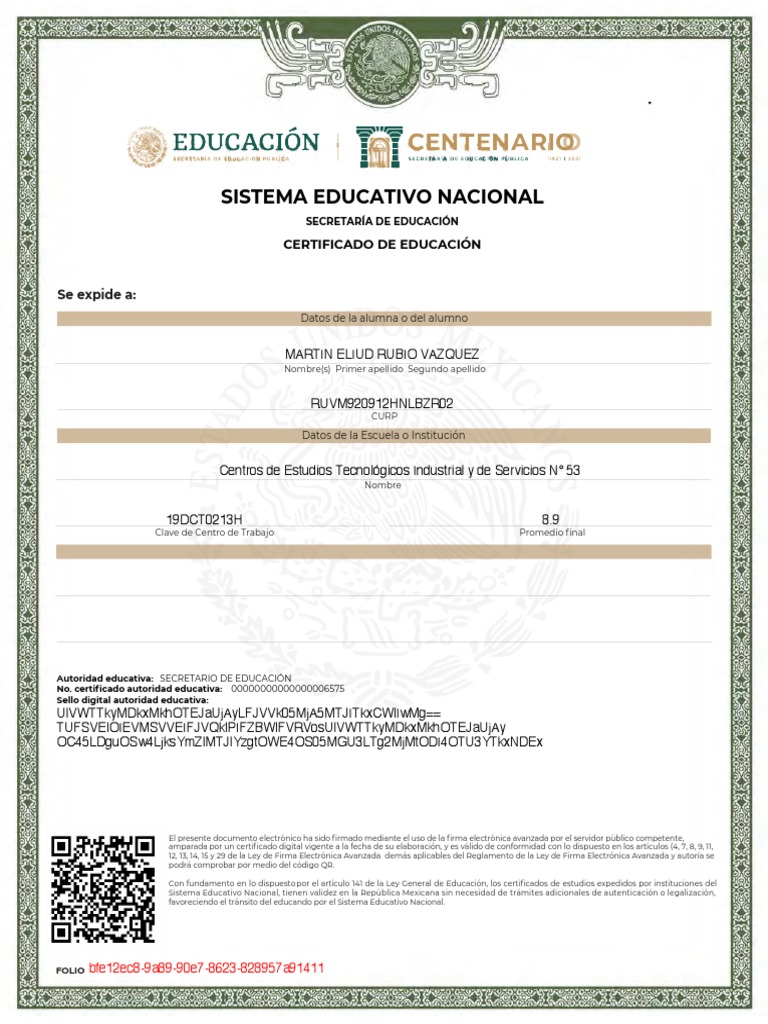 Sistema Educativo Nacional: Certificado de Educación | PDF