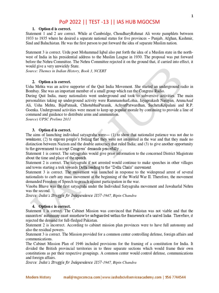 Test 13 Answer Key | PDF | Partition Of India | All India Muslim League