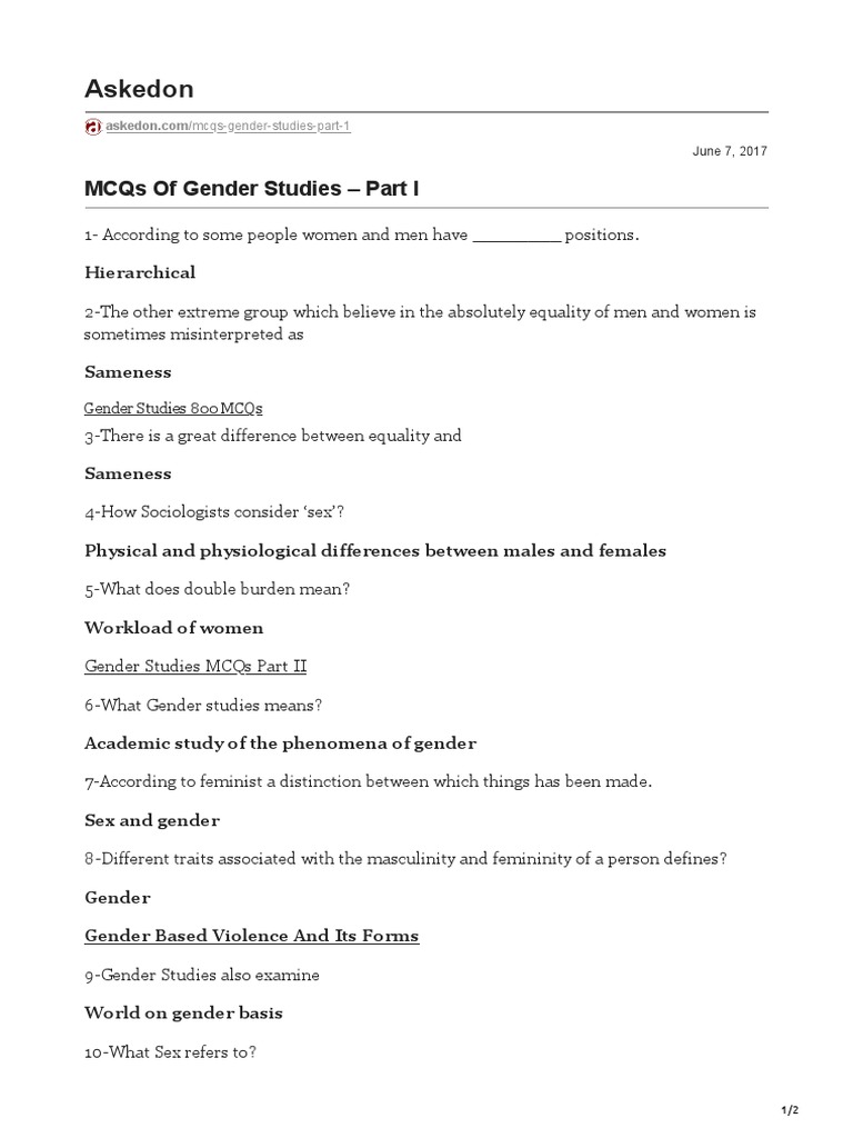 Gender Studies Mcqs | PDF | Gender Studies | Feminism