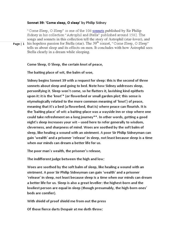 Sonnet 39: Come Sleep, O Sleep' by Philip Sidney: Sonnets | PDF