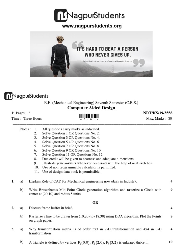 Computer Aided Design Exam: Mechanical Engineering Questions Covering ...