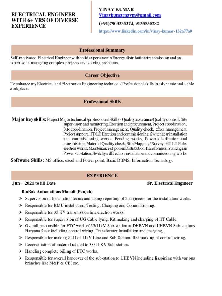 Resume - Vinay Kumar | PDF | Electrical Substation | Power (Physics)