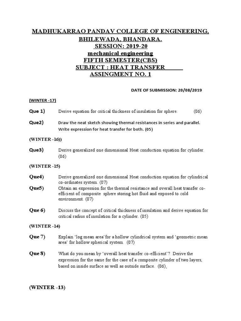 5th SEM HT Assignment 1 | PDF | Thermal Insulation | Thermal Conduction