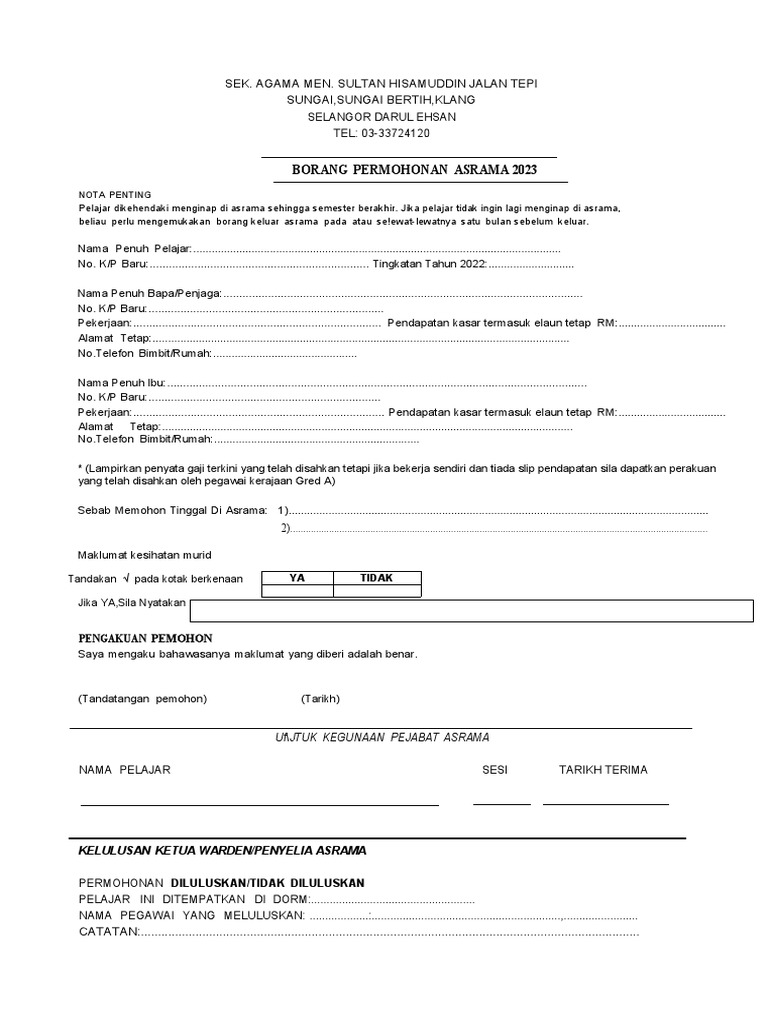 Borang Permohonan Asrama SAM SULTAN HISAMUDDIN | PDF