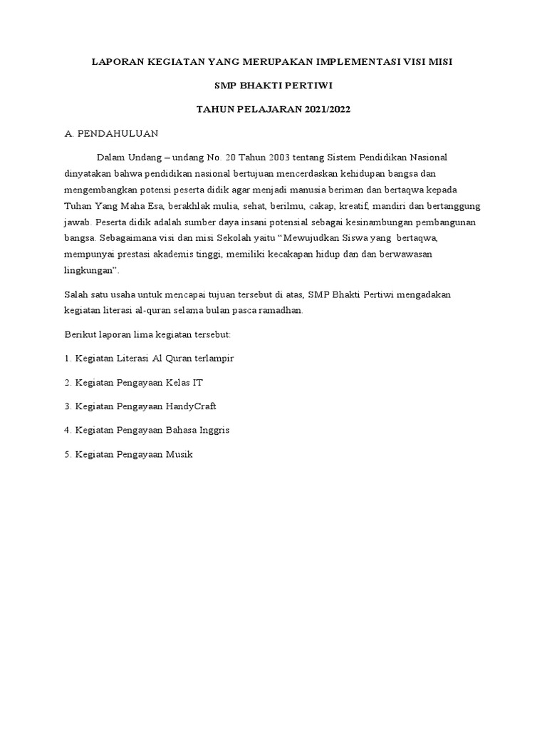 Laporan Kegiatan Yang Merupakan Implementasi Visi Misi | PDF
