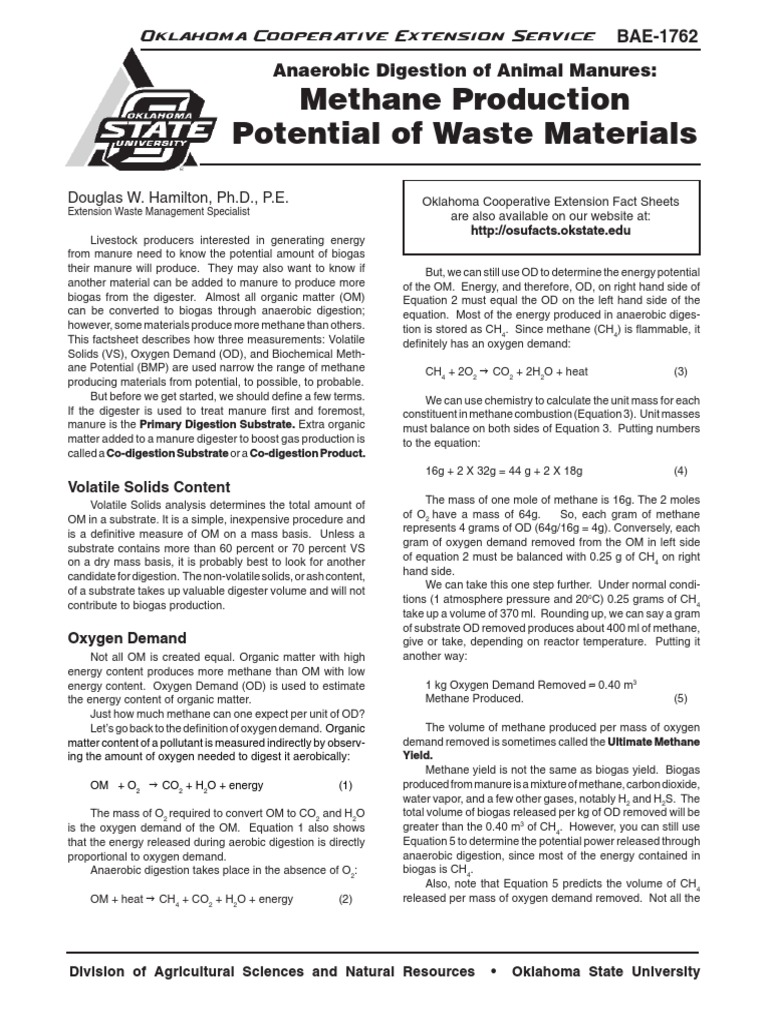 Anaerobic Digestion of Animal Manures Methane Production Potential of ...