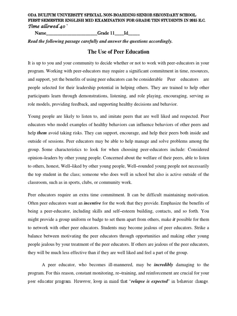 the-use-of-peer-education-read-the-following-passage-carefully-and