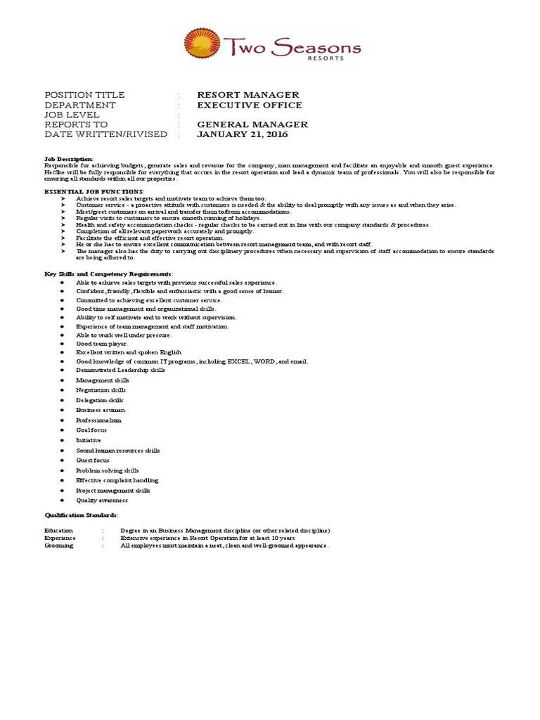 RESORT MANAGER - Job Description | PDF | Competence (Human Resources ...