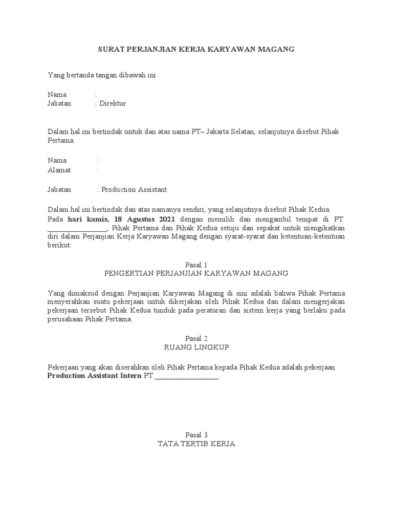 Surat Perjanjian Kerja - Magang 2022 | PDF