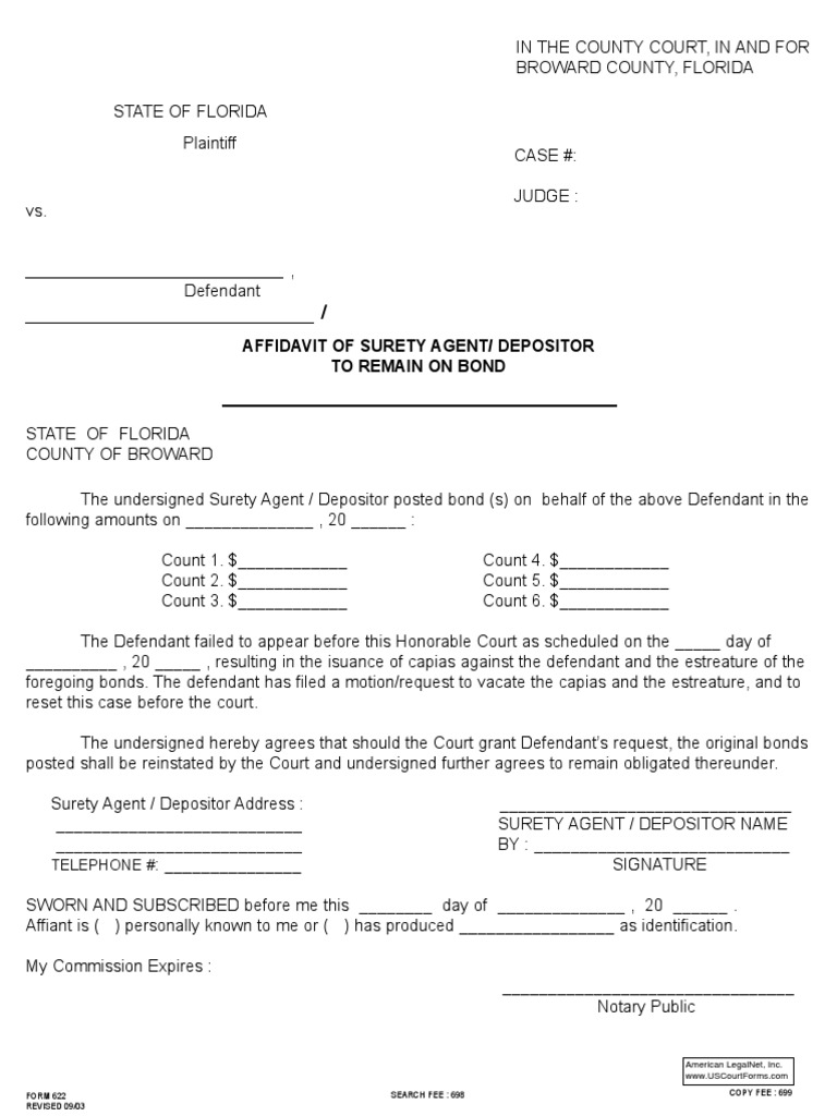 Affidavit of Surety Agent-Depositor To Remain On Bond | Download Free ...