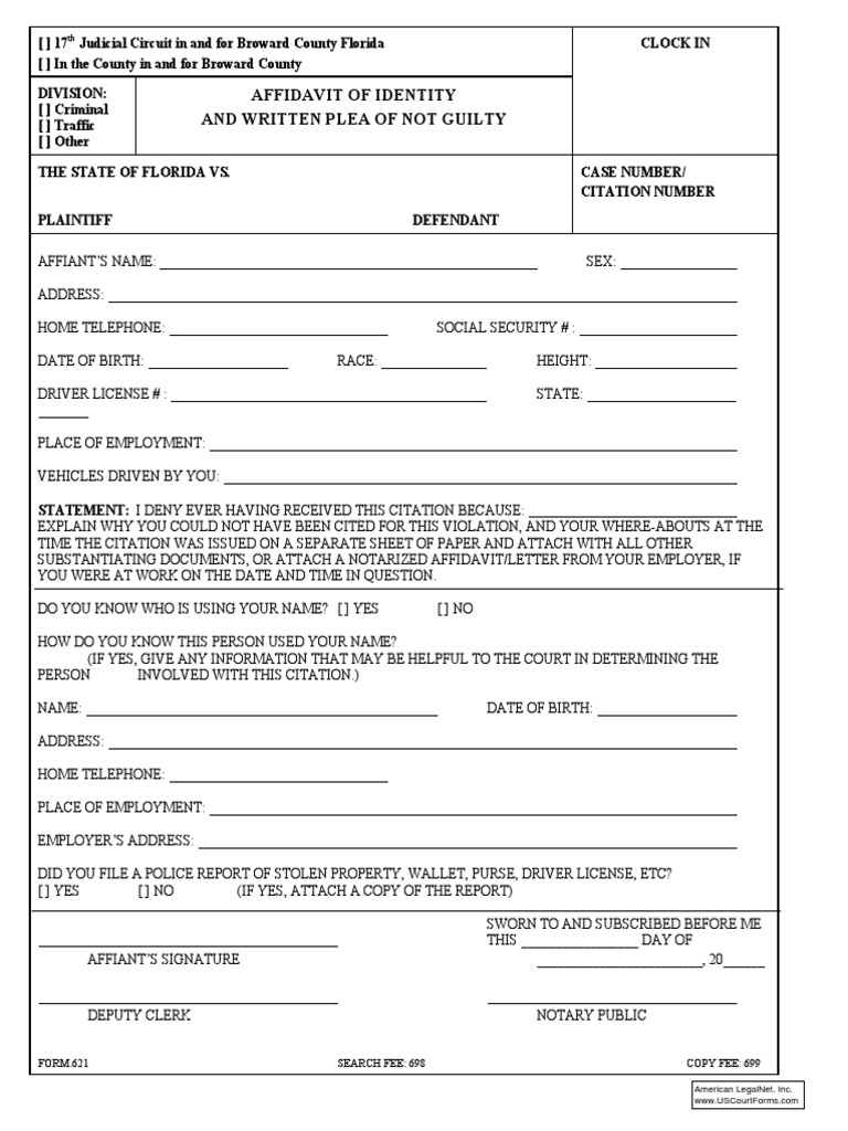 Affidavit and Not Guilty Plea Form | PDF | Affidavit | Plea