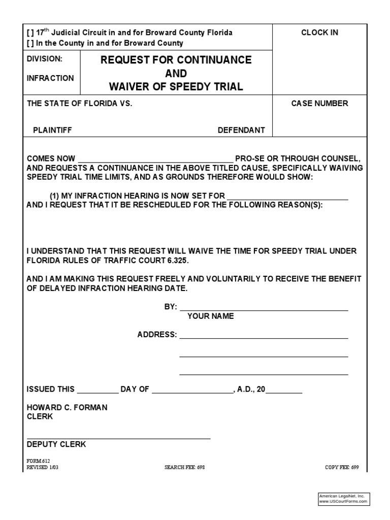 Request For Continuance and Waiver of Speedy Trial | PDF | Continuance ...