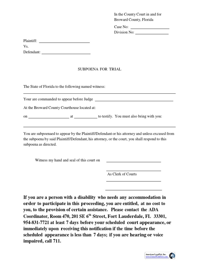 Broward County Trial Subpoena Form | PDF
