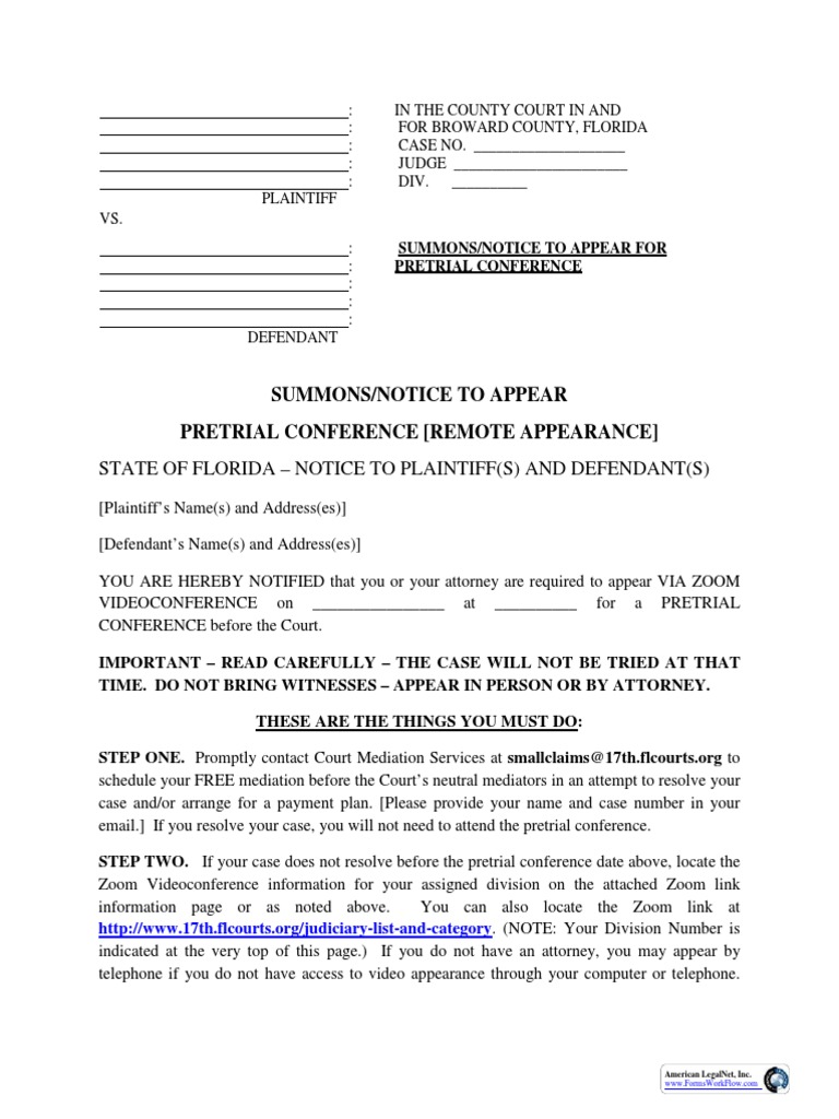 Summons Notice To Appear Pretrial Conference - Via Remote Zoom (Small ... Summons Notice To Appear Pretrial Conference - Via Remote Zoom (Small ...