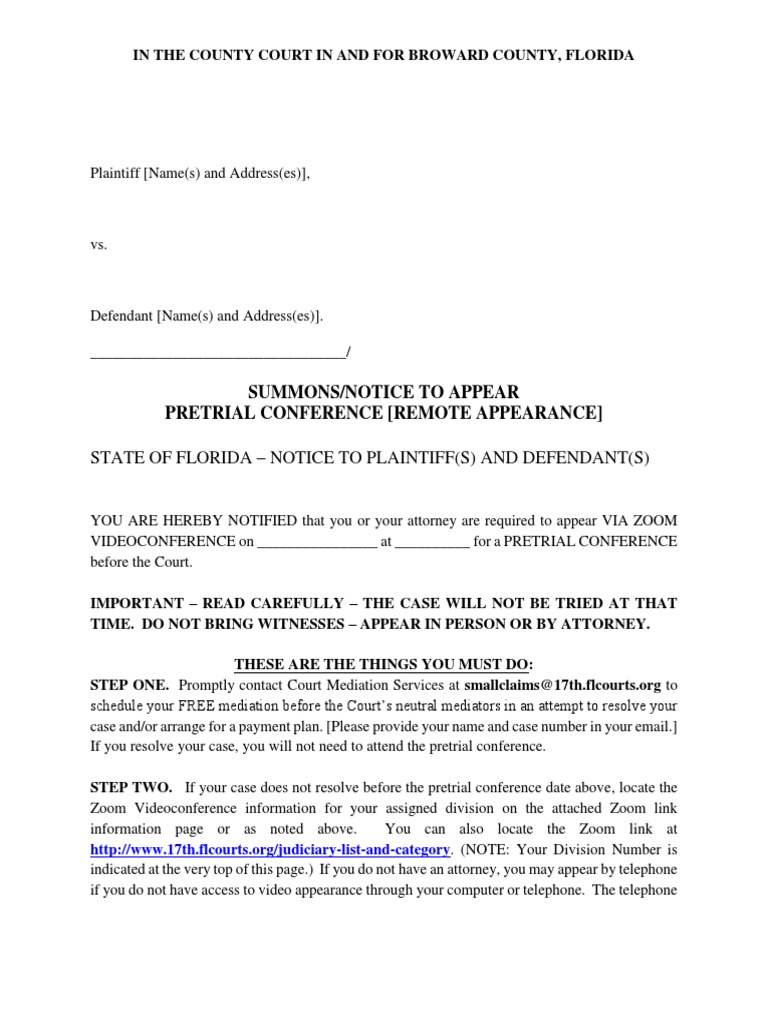 Summon Notice to Appear Pretrial Conference (Small Claims) | PDF ...