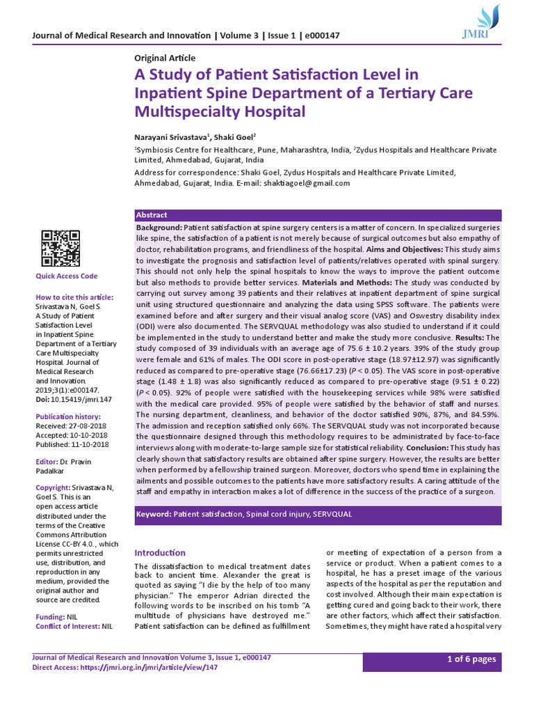 A Study of Patient Satisfaction Level in Inpatient Spine Department of ...