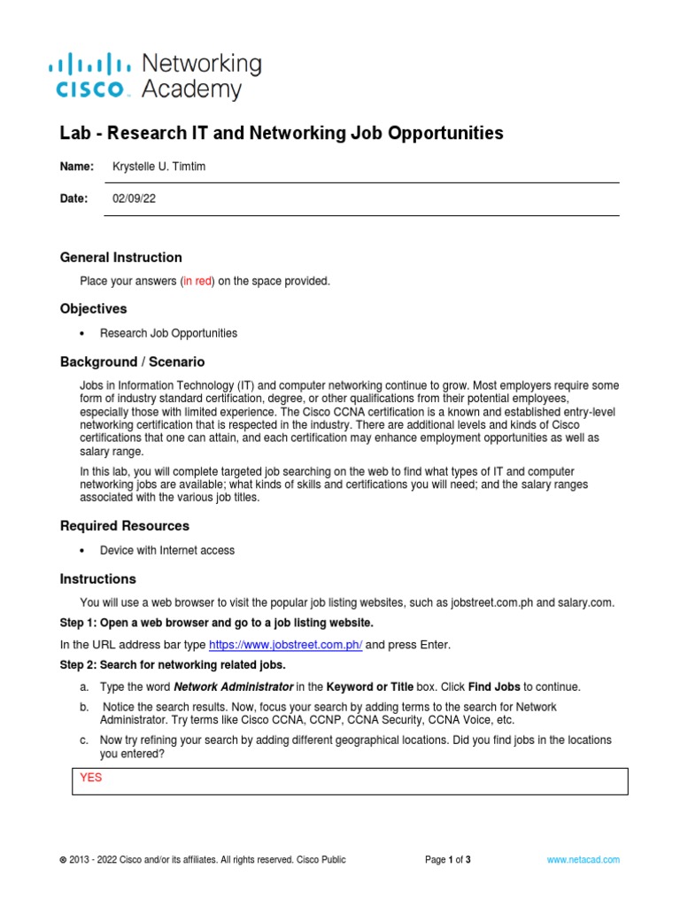 1.9.3 Lab - Research IT and Networking Job Opportunities | PDF | Cisco Certifications | Computer ...