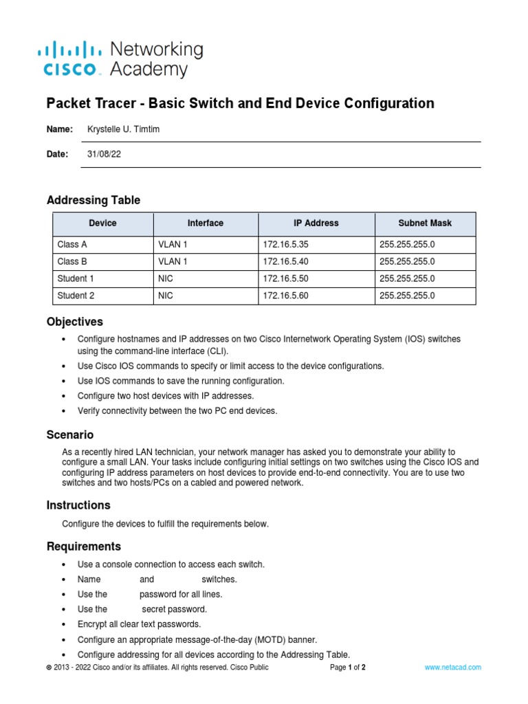 2.9.1 Packet Tracer - Basic Switch and End Device Configuration | PDF ...