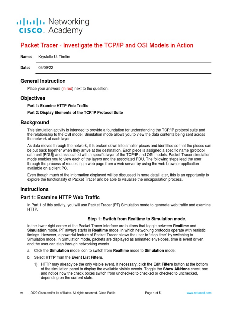 3.5.5 Packet Tracer - Investigate The TCP-IP and OSI Models in Action ...