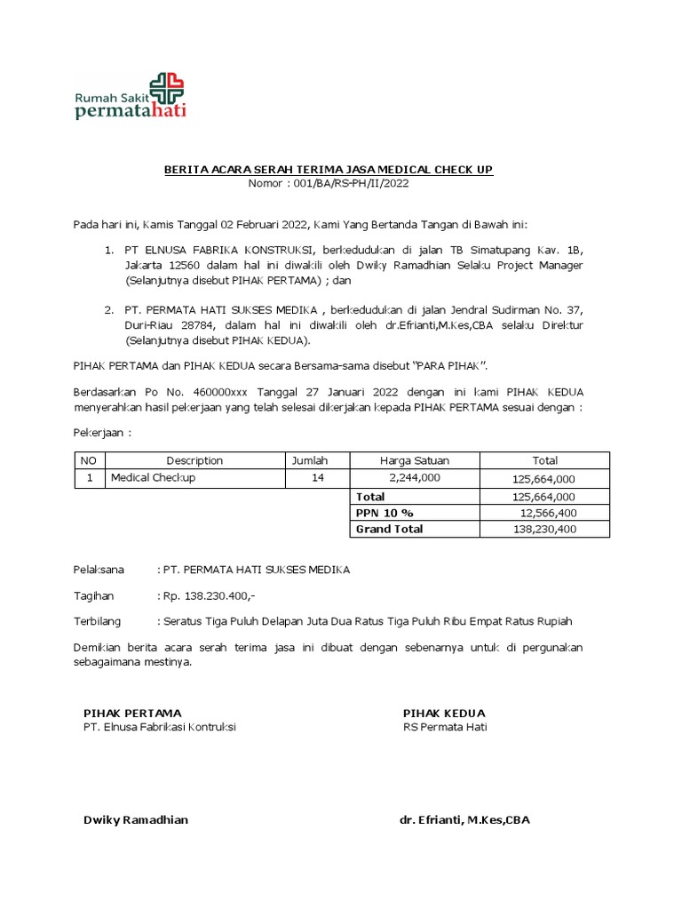 Berita Acara Serah Terima Jasa Medical Check Up | PDF