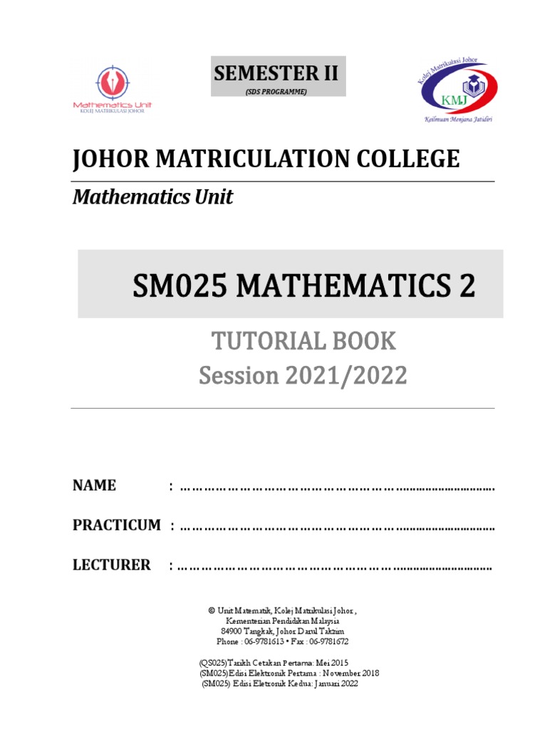 2122 - sm025 Mathematics 2 Tutorial Book | PDF | Cartesian Coordinate ...