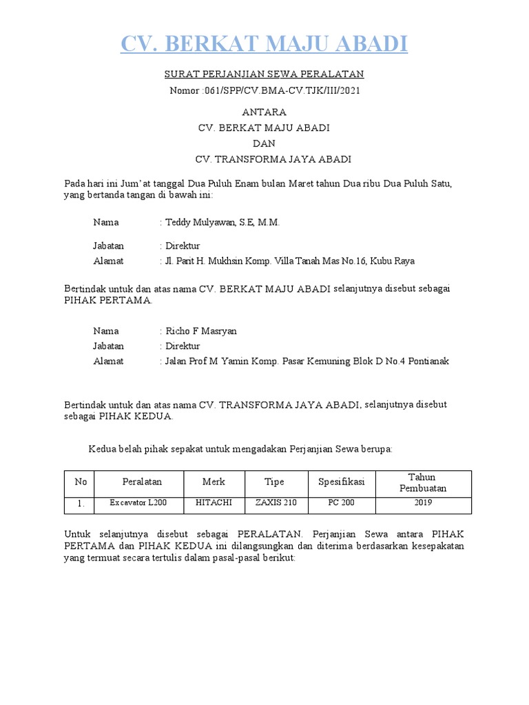Perjanjian Sewa Alat Berat antara CV. Berkat Maju Abadi dan CV ...