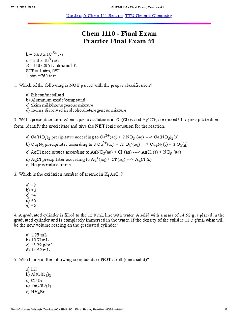 CHEM1110 - Final Exam, Practice #1 | PDF | Gases | Covalent Bond