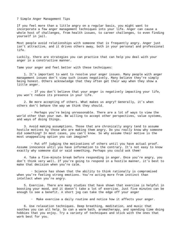 7 Simple Tips for Anger Management | PDF | Anger | Relaxation (Psychology)