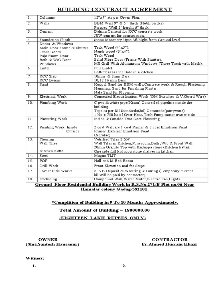 BUILDING CONTRACT AGREEMENT Haunsanur | PDF | Wall | Components