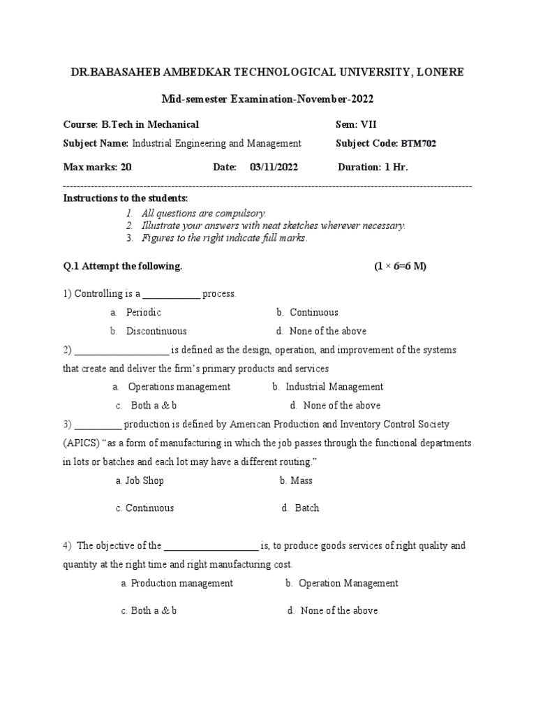 Industrial Engineering Exam Nov 2022 | PDF | Industrial Engineering ...