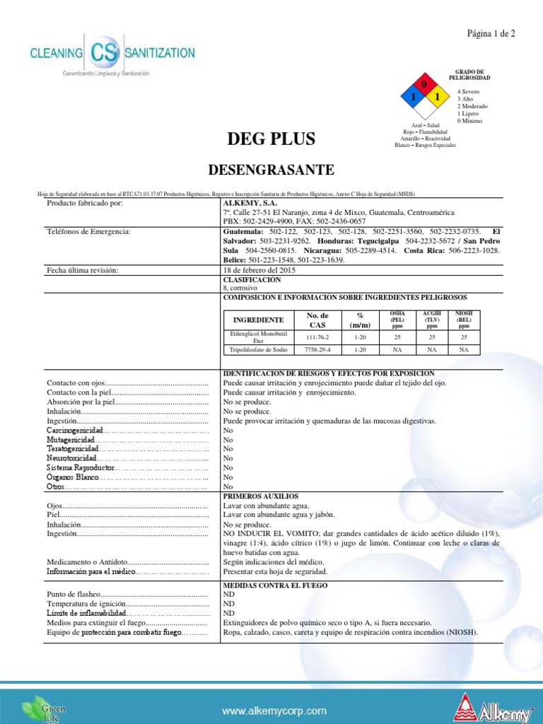 Deg Plus (MSDS) | PDF | Hidróxido de sodio | Agua