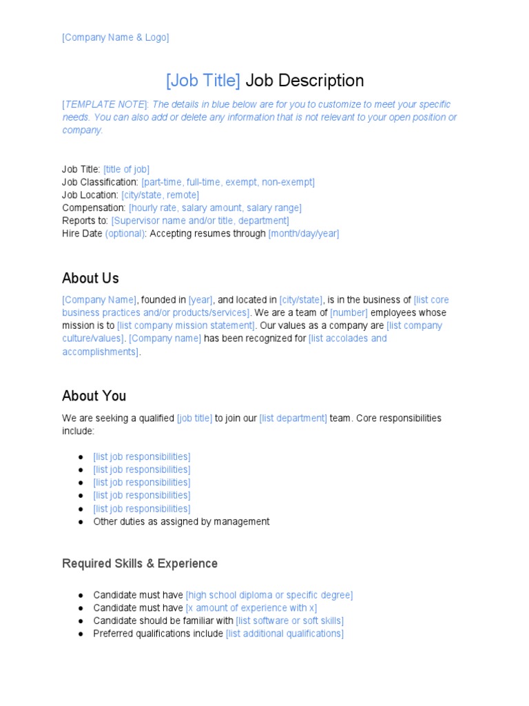 Job Description Template 1 | PDF | Salary | Labor