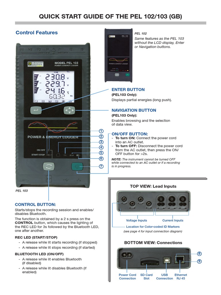 Chauvin Arnoux PEL 102-103 Quick Start Guide | PDF | Power Supply | Computer Science