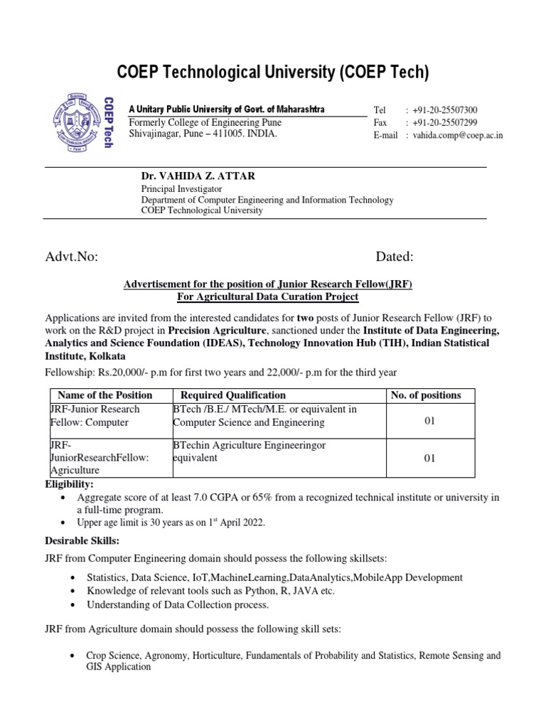 Advertisement For The Position of Junior Research Fellow (JRF) | PDF ...
