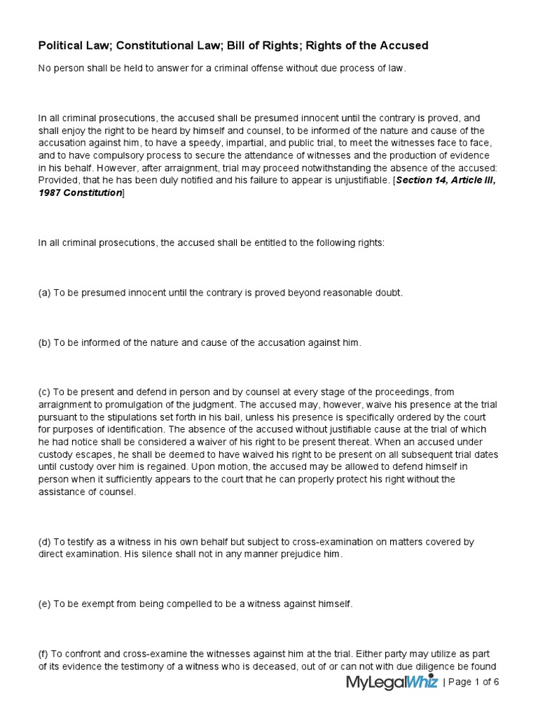 Political Law Constitutional Law Bill of Rights Rights of The Accused ...