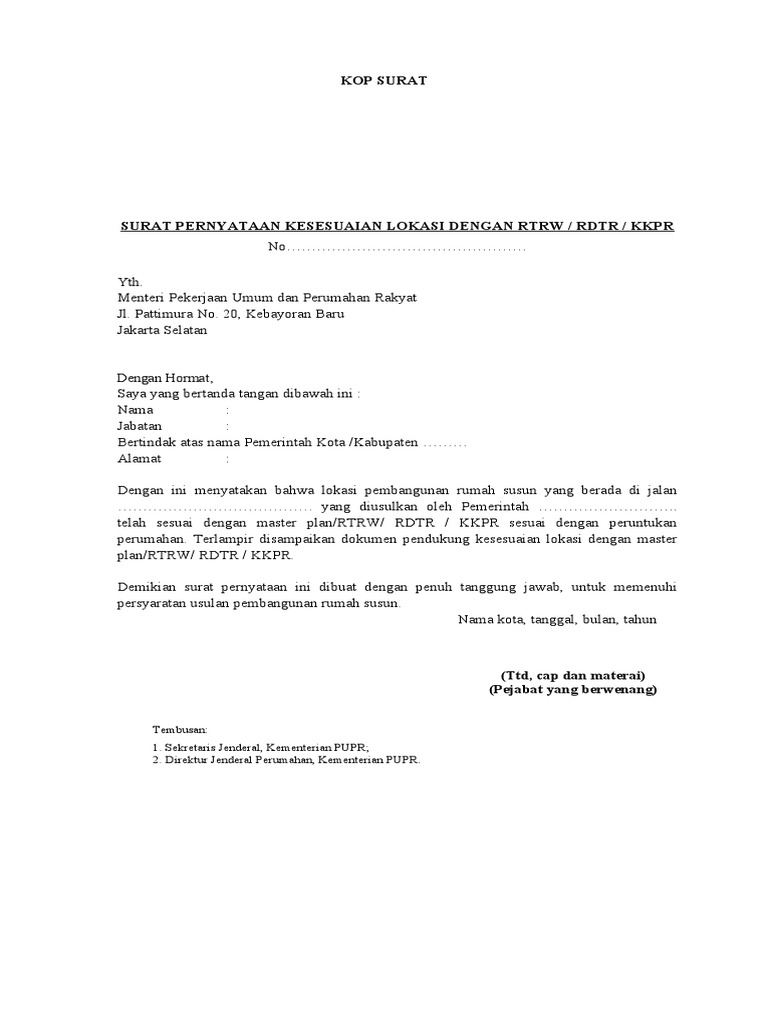 Surat Pernyataan Kesesuaian RT RW | PDF