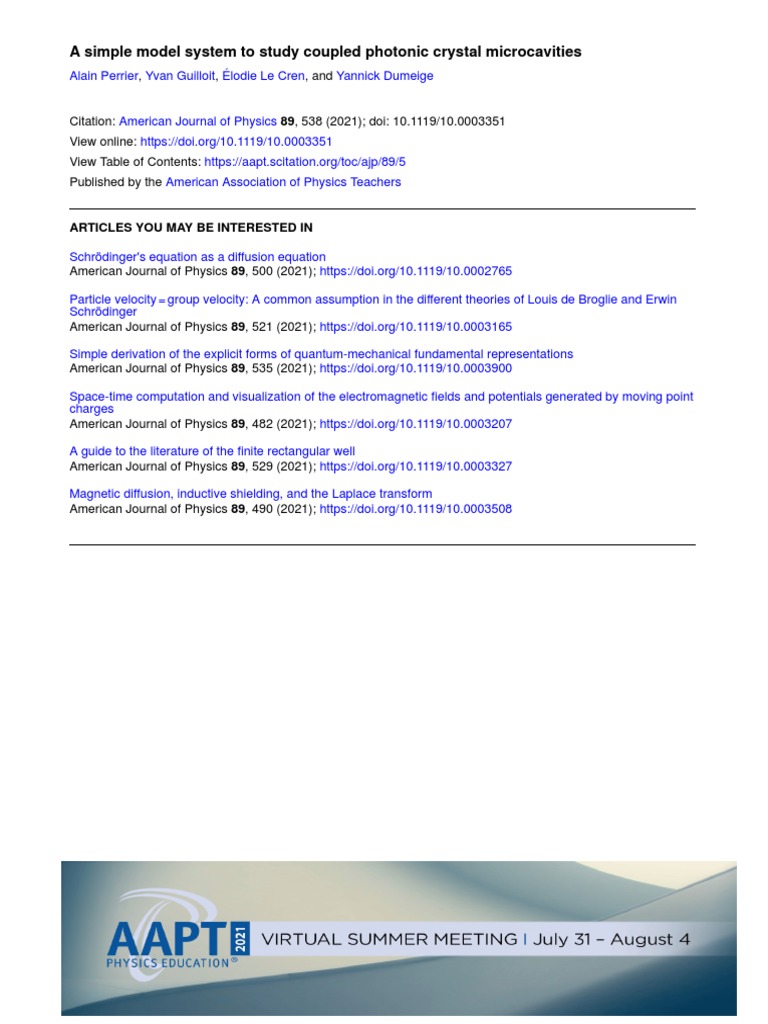 A Simple Model System To Study Coupled Photonic Crystal Microcavities | PDF | Resonance | Optics