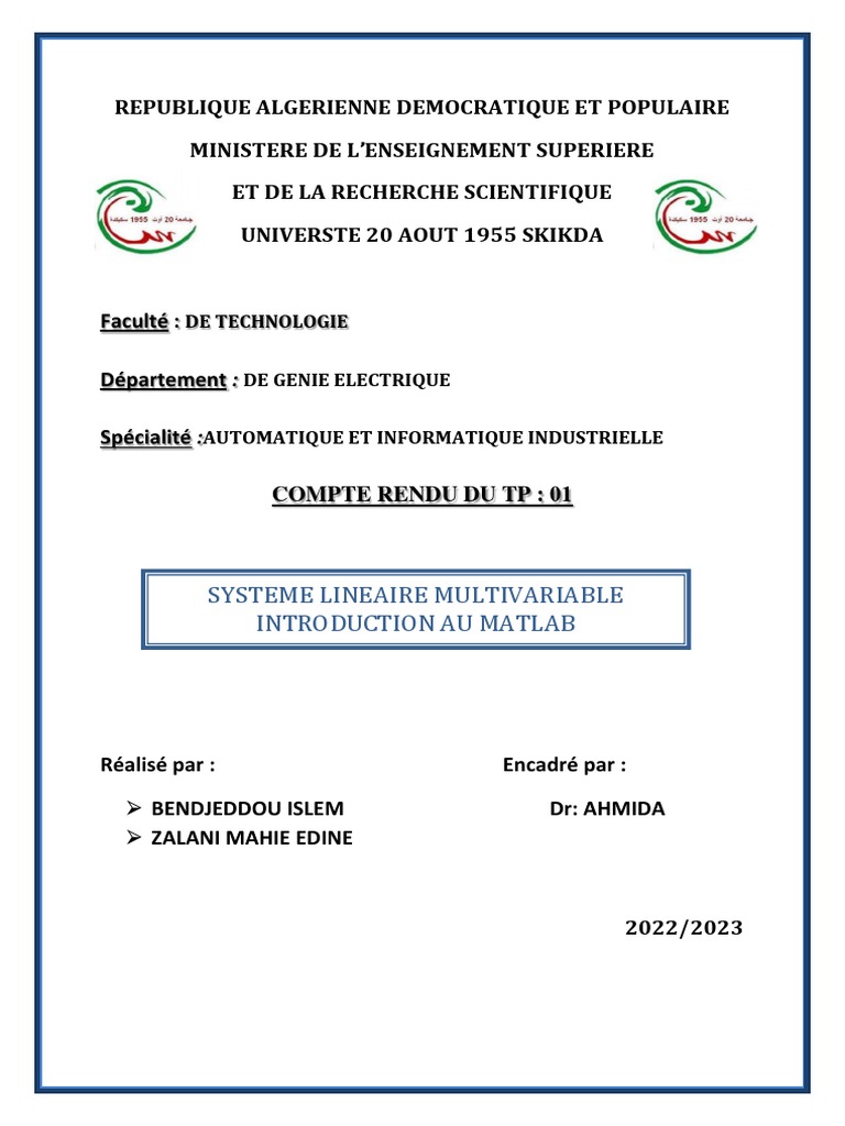 Systeme Lineaire Multivariable Introduction Au Matlab | PDF