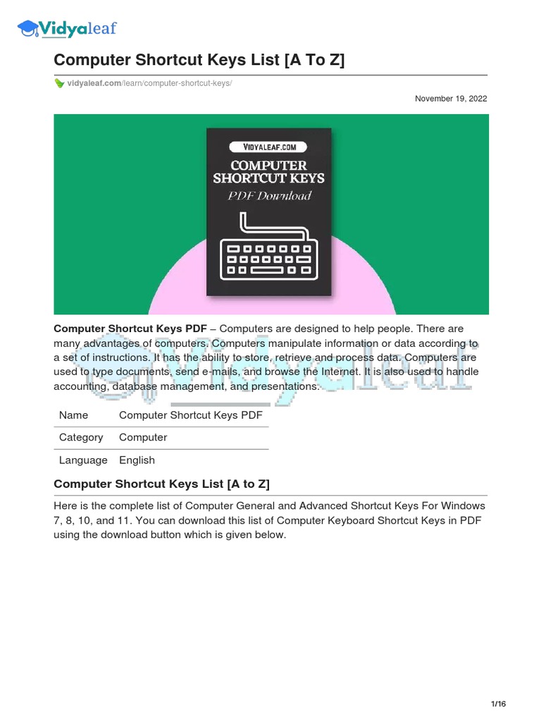Computer Shortcut Keys List - Vidyaleaf | PDF | Microsoft Excel ...
