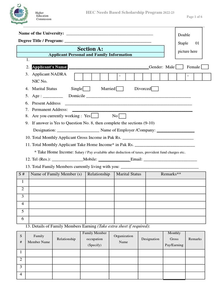 Application Form HEC Need Base Scholarship 2022-23 | PDF | Loans | Renting