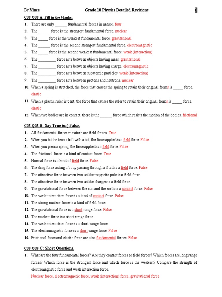 Grade 10 Physics Revision Notes on the Four Fundamental Forces, Contact ...