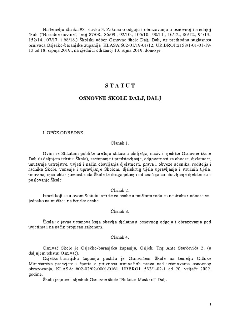 OS Dalj, Statut, 2019. | PDF