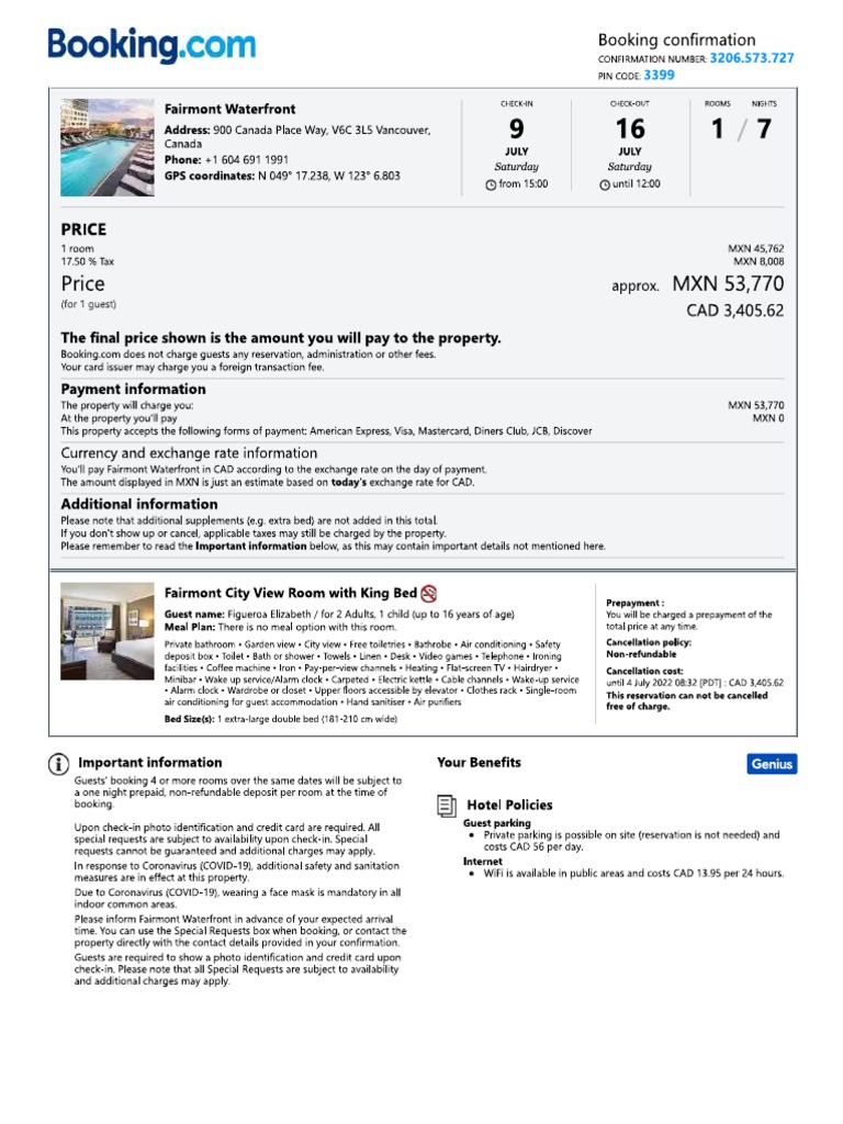 comprobante reservacion hotel | PDF