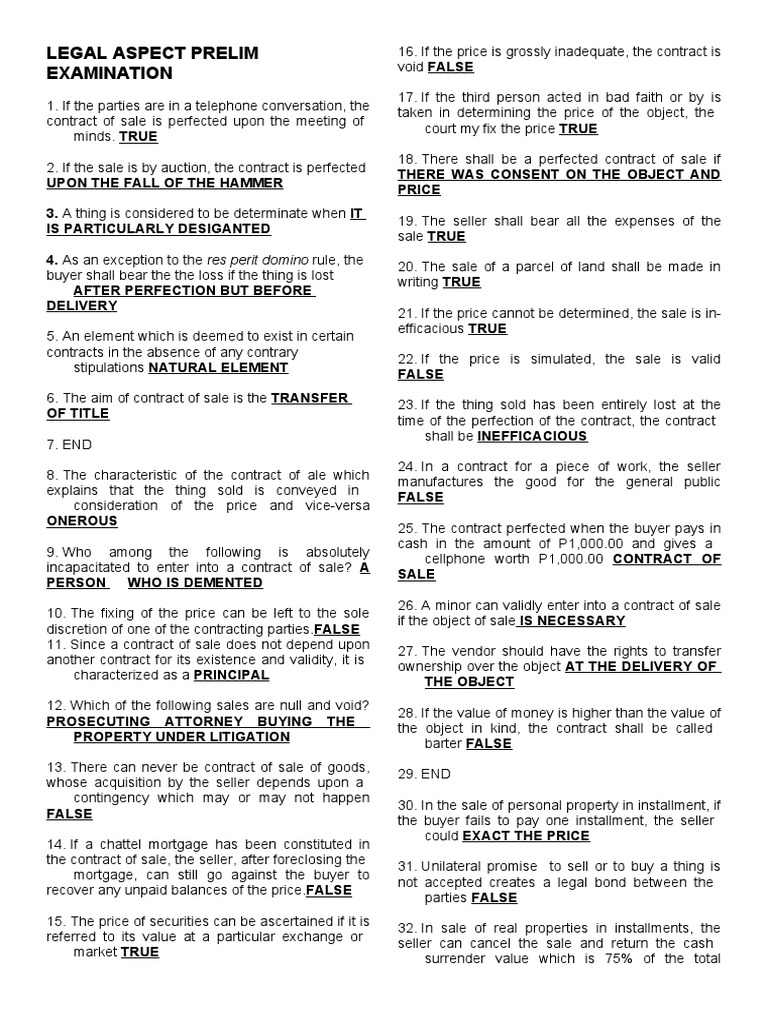 Legal Aspect Prelim Examination | PDF | Sales | Prices