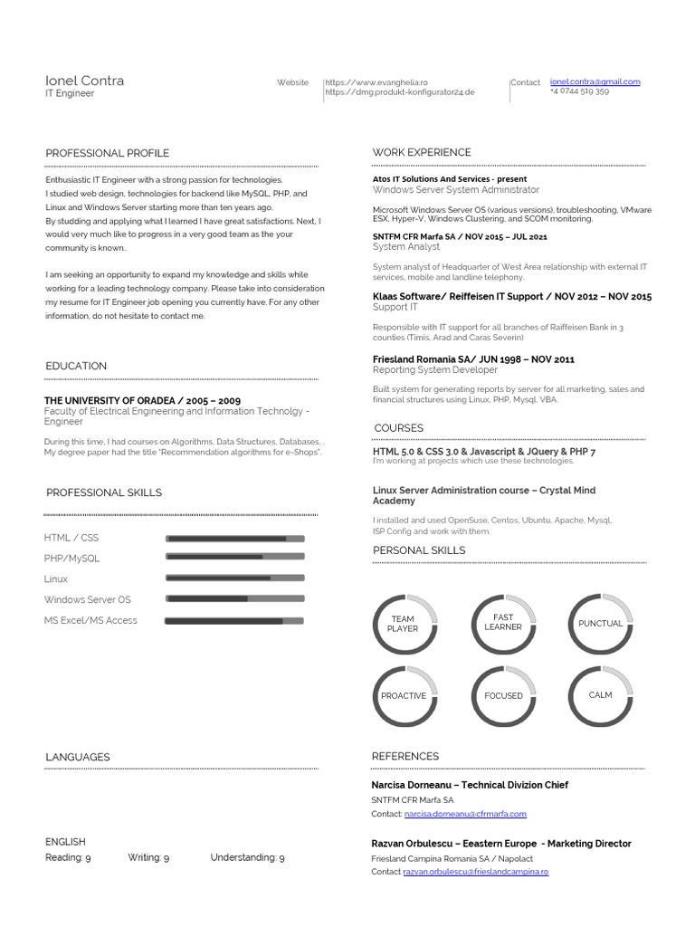 CV Ionel Contra 20220825 | PDF | My Sql | Php